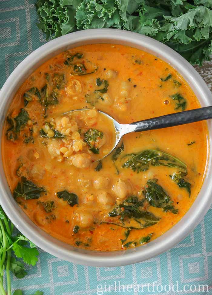 Curried Red Lentil Soup (with chickpeas and kale) | Girl Heart Food®